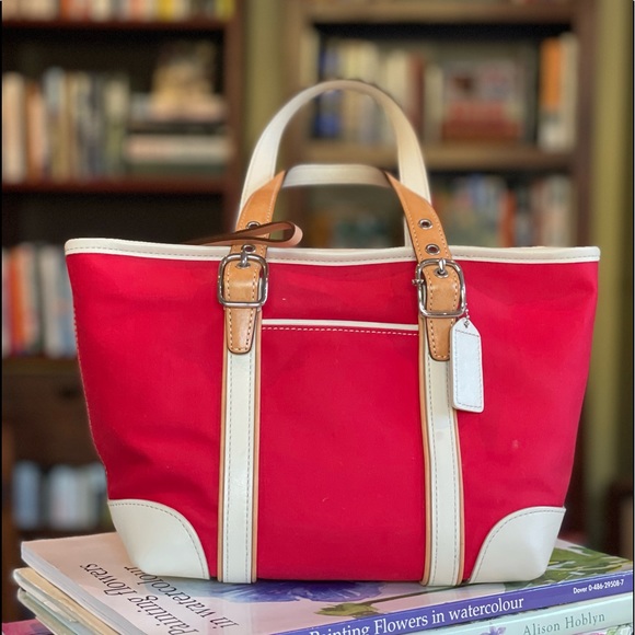 Coach | Bags | Coach Red And Tan Canvas Mini Tote Bag | Poshmark